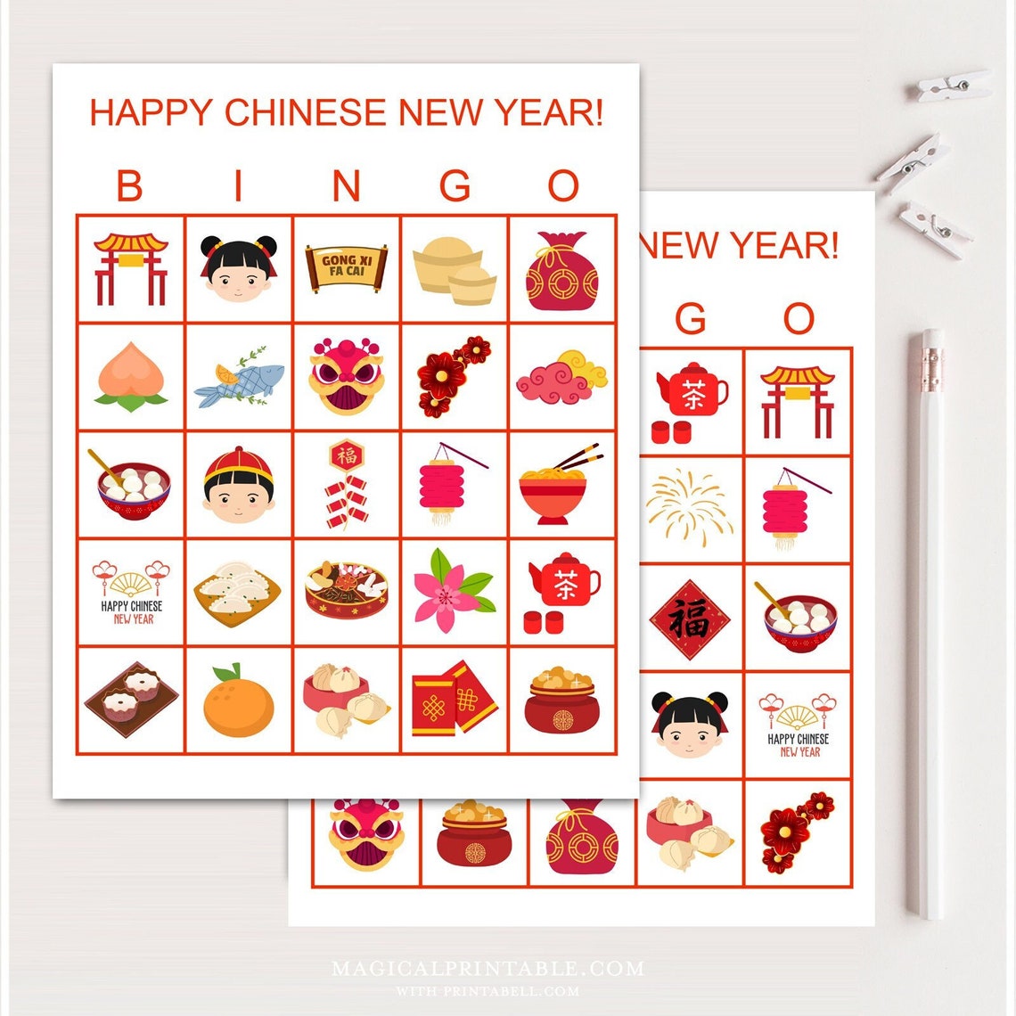 100x Chinese New Year's Bingo Cards, Printable Chinese New Year Bingo ...