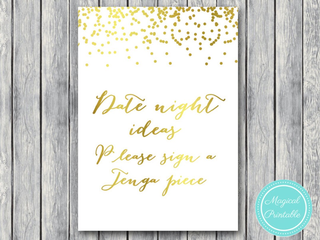 Date Night Idea Sign, Sign a Jenga Piece, Gold Foil Bridal Shower, Gold ...