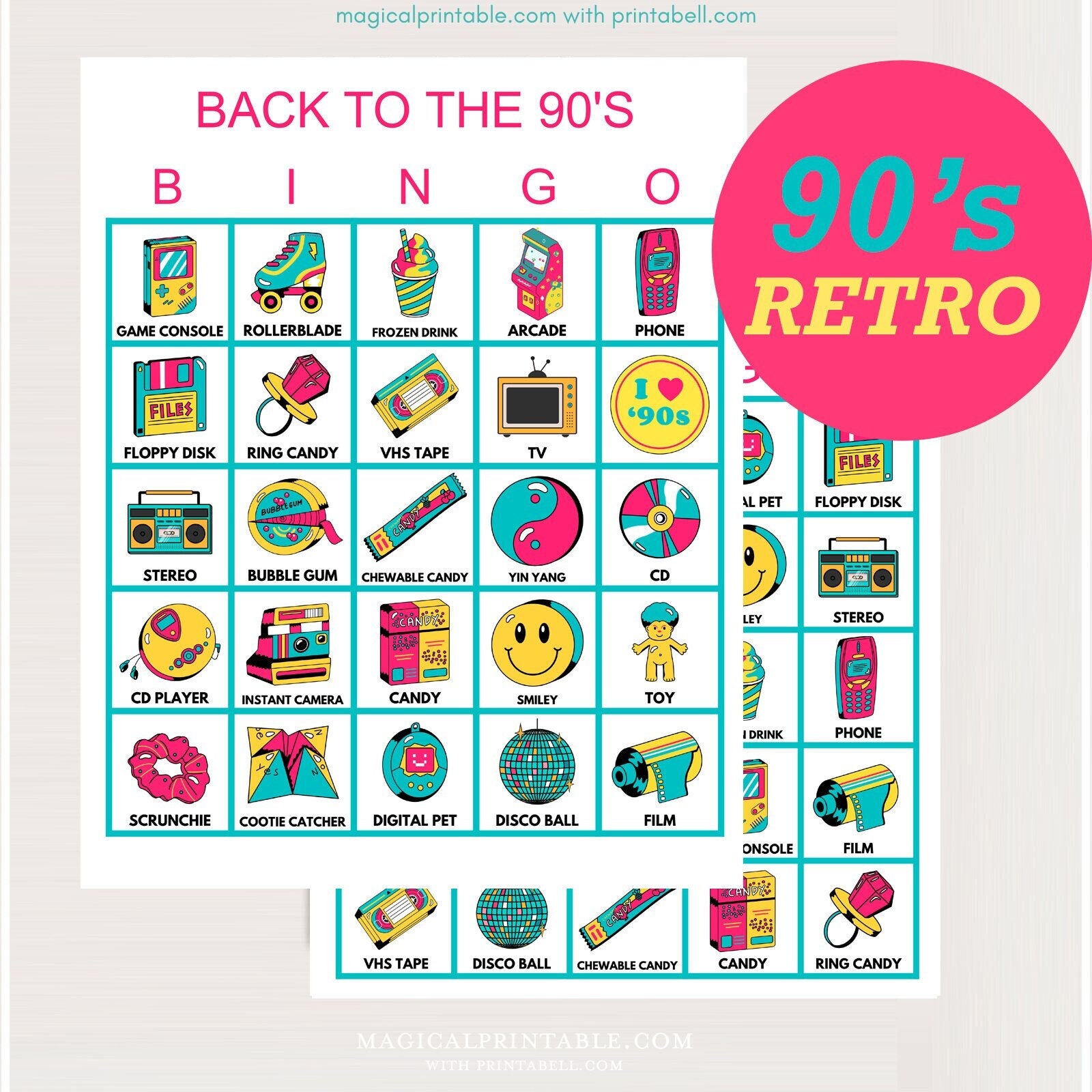 100x Retro 90's Bingo Cards, Printable 1990's Retro Party Bingo, 90's ...