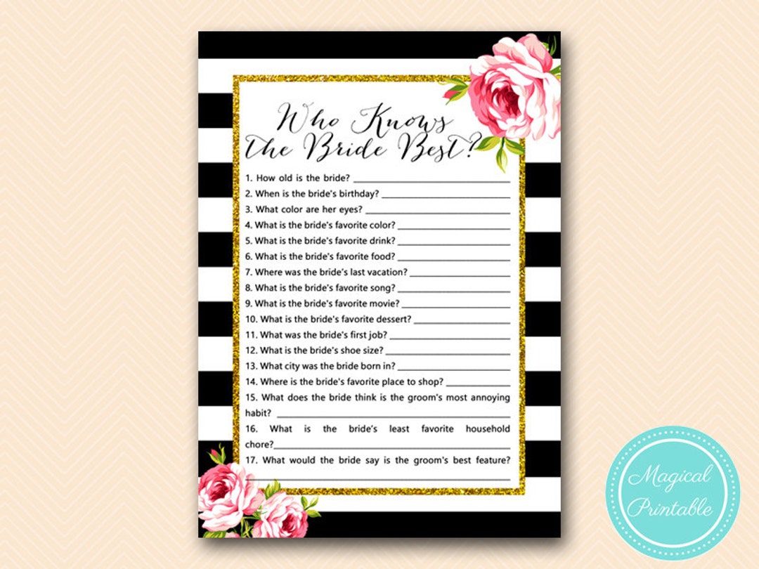 Who Knows the Bride Best Game Printable, Black Stripes, Pink Floral ...
