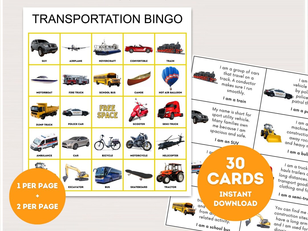 Transportation Bingo Cards, Transportation Bingo, Transportation Party ...