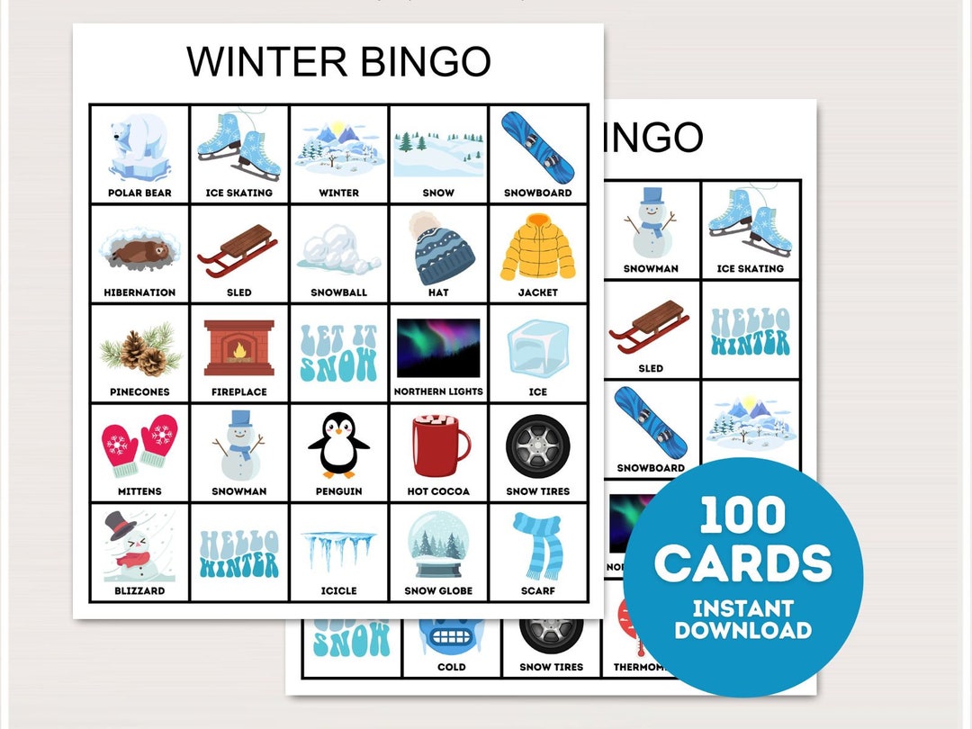 Winter Bingo, 100 Printable Winter Bingo Cards, Download, Winter ...