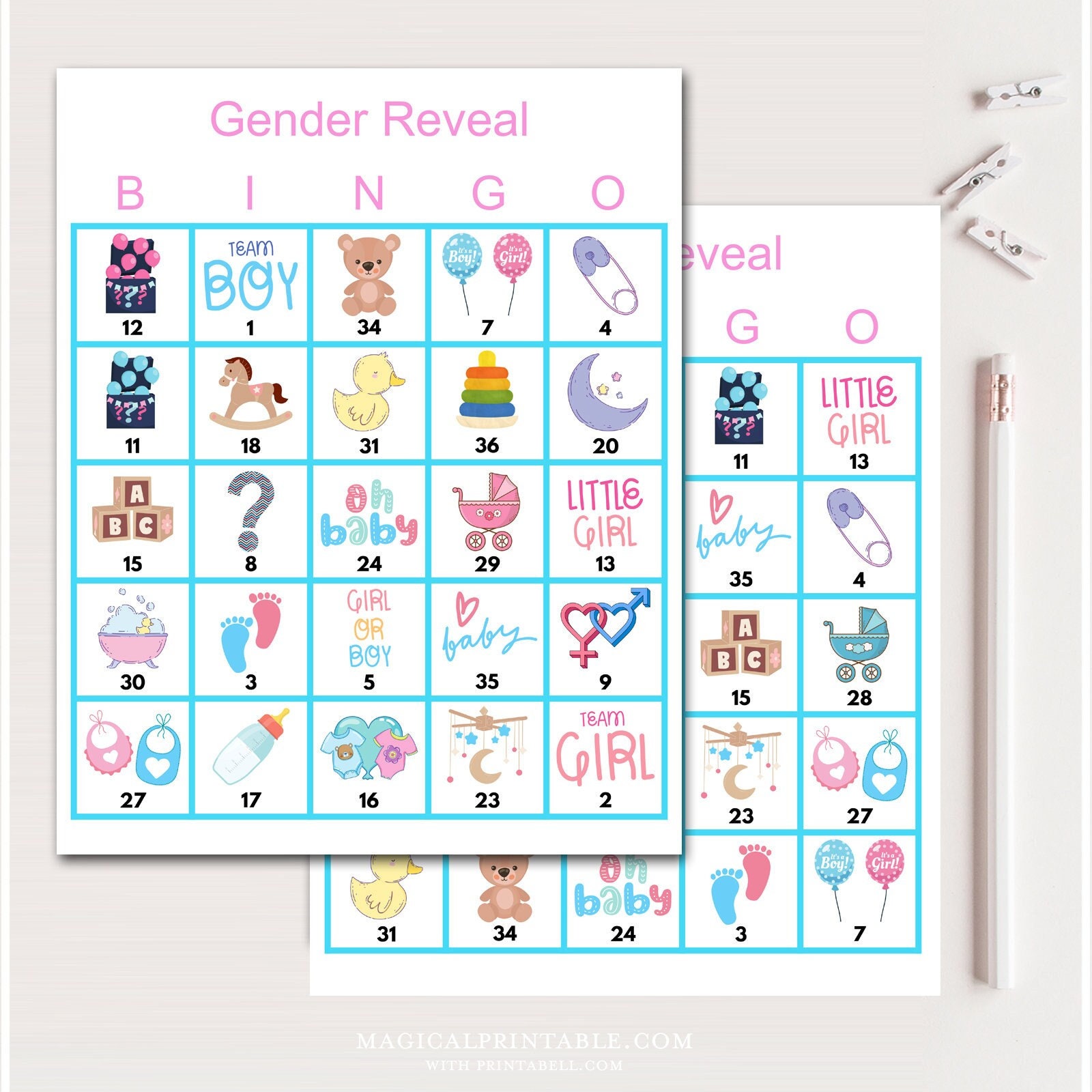 100x Gender Reveal Bingo Cards, Printable Baby Shower Bingo, Gender ...