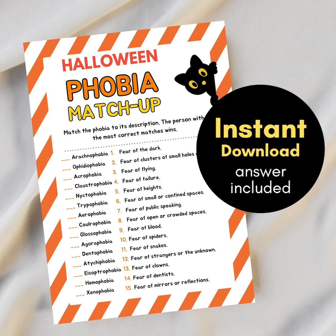 Halloween Phobia Match up Game, Printable Halloween Activity, Halloween ...