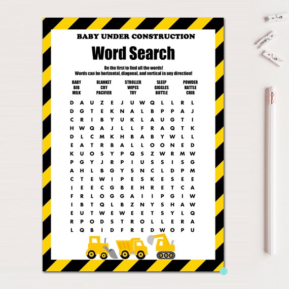 Word Search, Baby Word Search Baby Shower Game, Construction Theme Baby ...