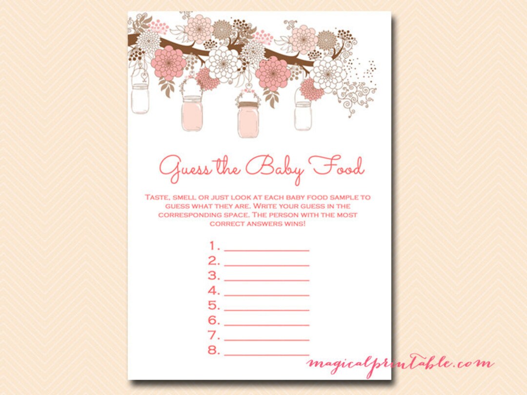 Guess the Baby Food Game Sign and Card, Peach Red, Mason Jars, Rustic ...