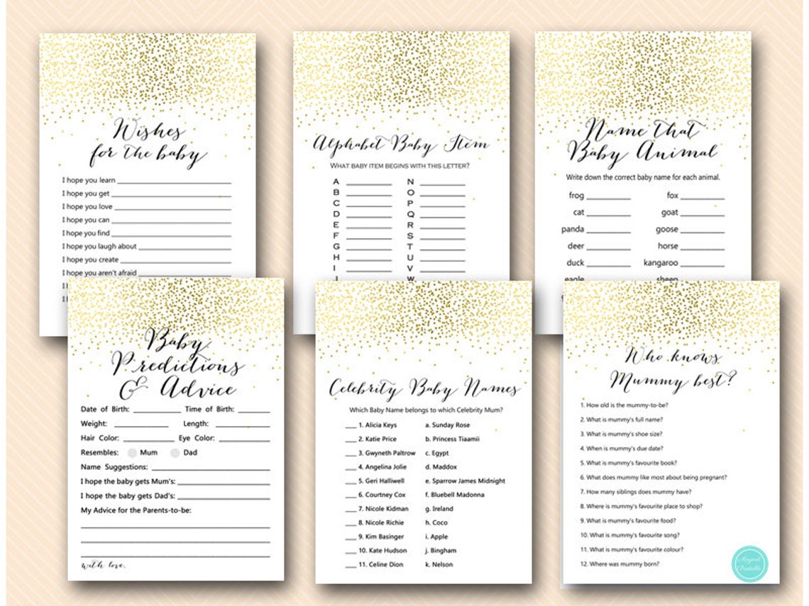 Gold Baby Shower Games Package, Australian English, Baby Predictions ...