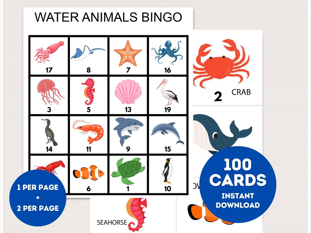 100x Water Animals Bingo Cards, Printable Animals Birthday Bingo ...