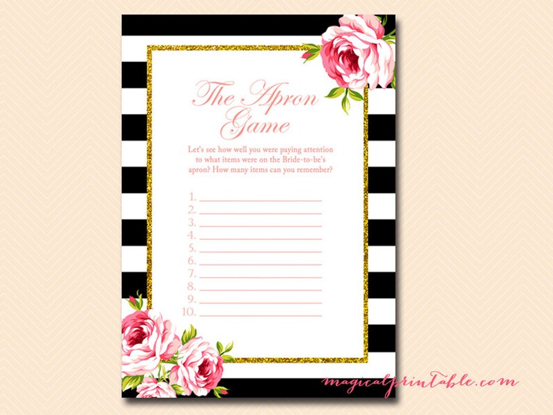 The Apron Game, Bridal Memory Game, Black White Floral Bridal Shower ...
