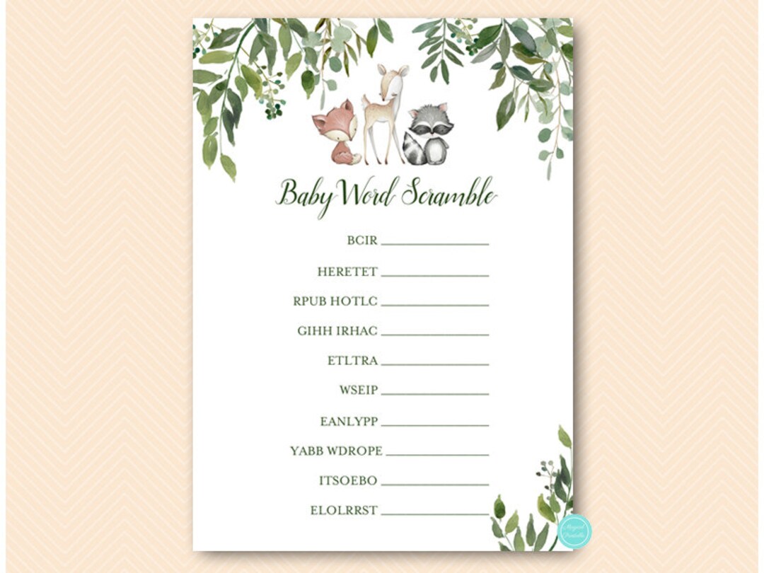 Greenery Woodland Baby Word Scramble, Baby Scramble, Baby Shower Games ...