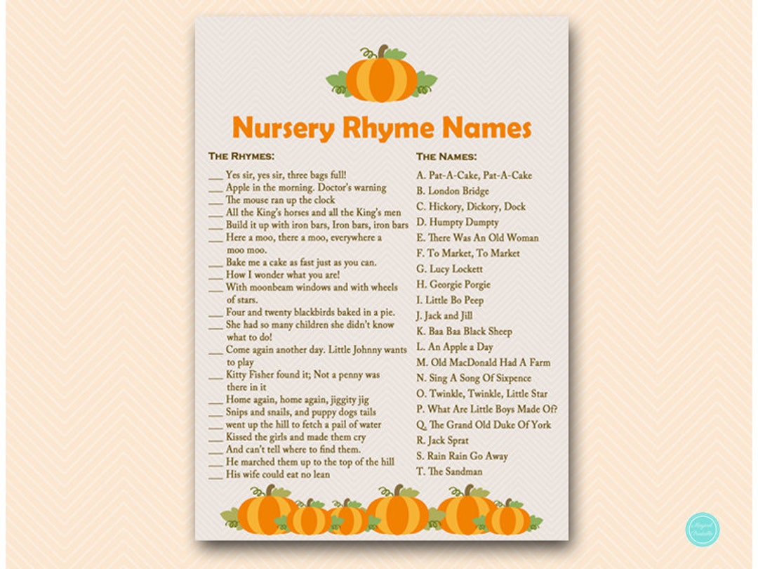 Nursery Rhyme Name Game, Nursery Rhyme Quiz, Little Pumpkin Baby Shower ...