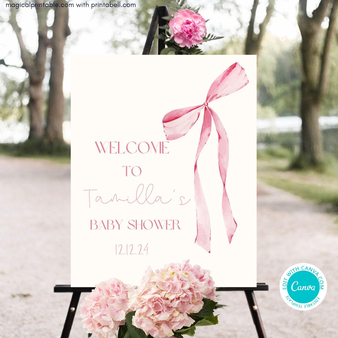 Editable Pink Bow Welcome Sign, Coquette Bow Baby Shower Sign, Pink Bow ...