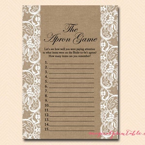 The Apron Game, Memory Game, Lace, Rustic Bridal Shower Activities ...