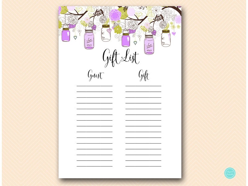 Purple Gift list Bridal Shower Gift List Baby Shower Gift | Etsy