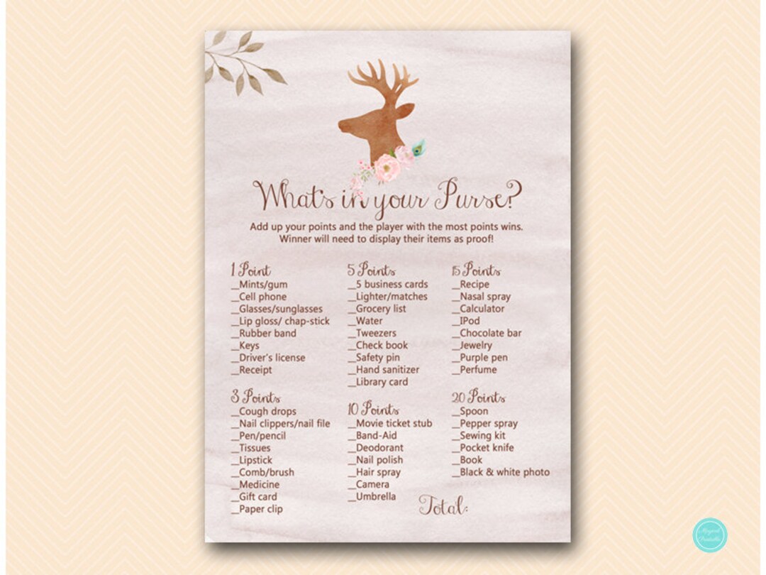 What's in Your Purse, Purse Raid, Purse Hunt Game, Rustic Woodland ...
