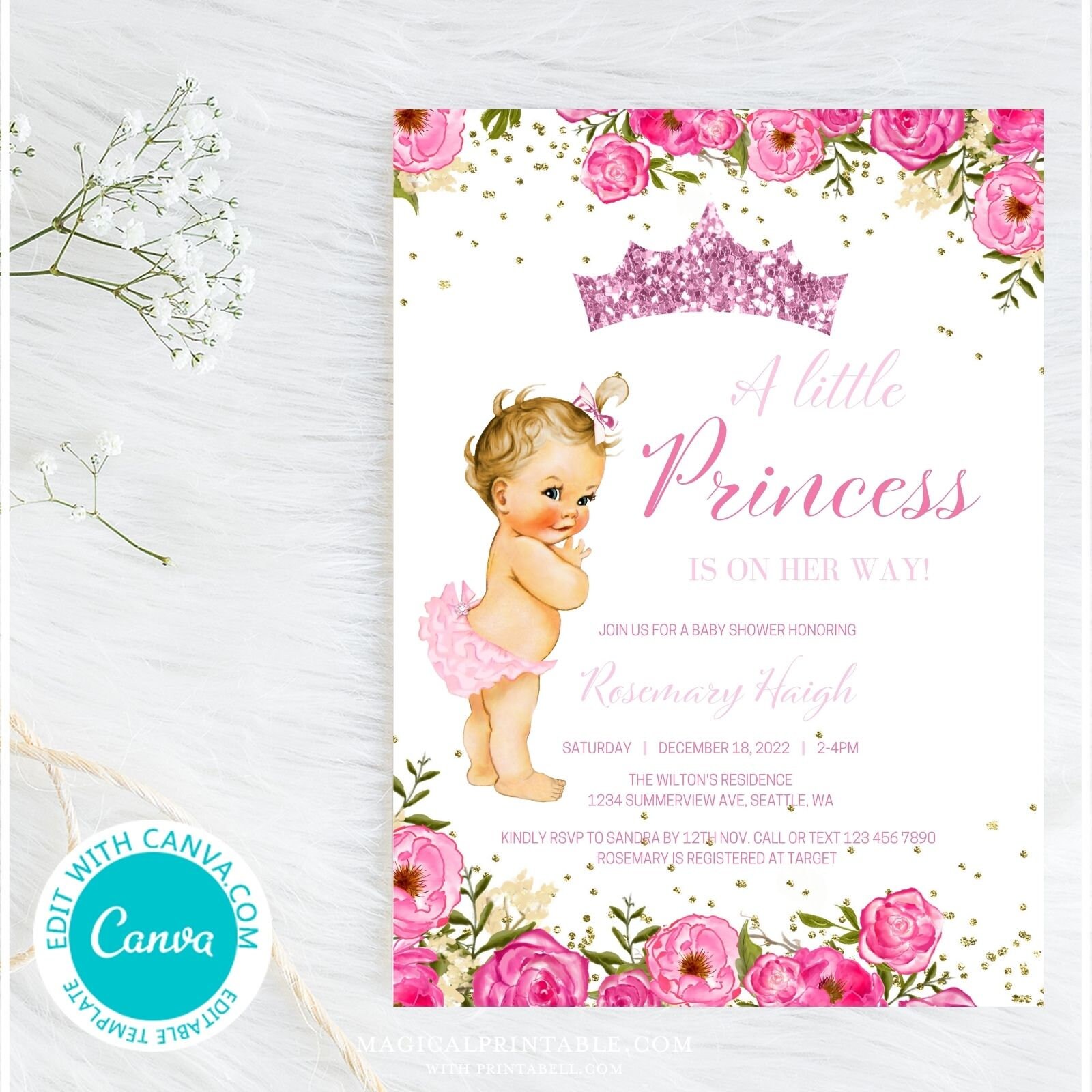 Editable Princess Baby Shower Invitations, Little Princess, Editable ...