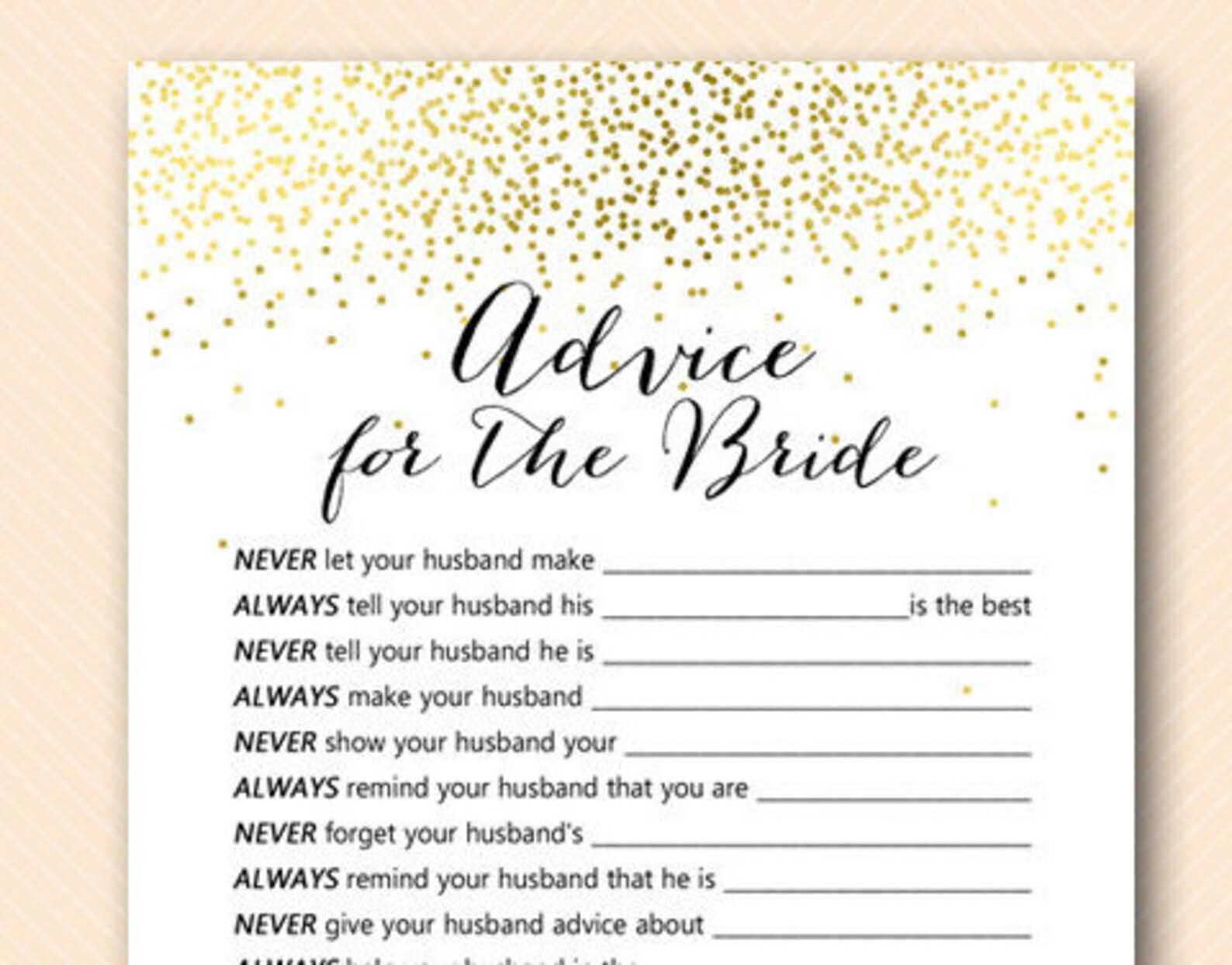 Gold Advice for the Bride Card, Husband Advice, Never and Always Advice ...