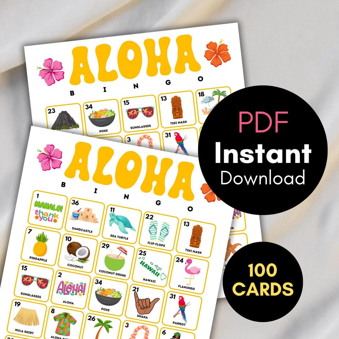 Aloha Bingo Cards, Luau Bingo, Hawaiian Bingo, Printable Luau Bingo ...