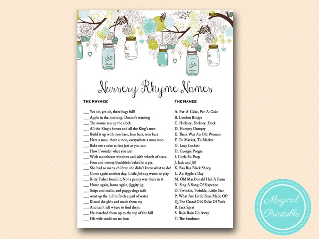 Nursery Rhyme Game, Nursery Rhyme Quiz, Rustic Mason Baby Shower, Baby ...