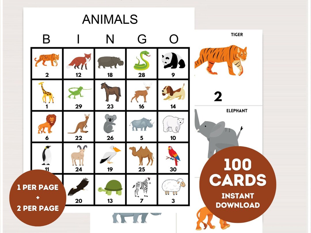 100x Animals Bingo Cards, Printable Birthday Party Bingo, Party Bingo ...