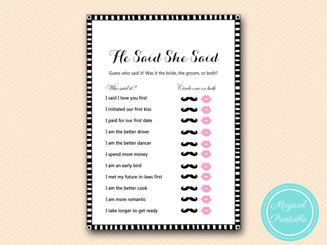 He Said She Said Printable, Black and White, Modern Bridal Shower Games ...