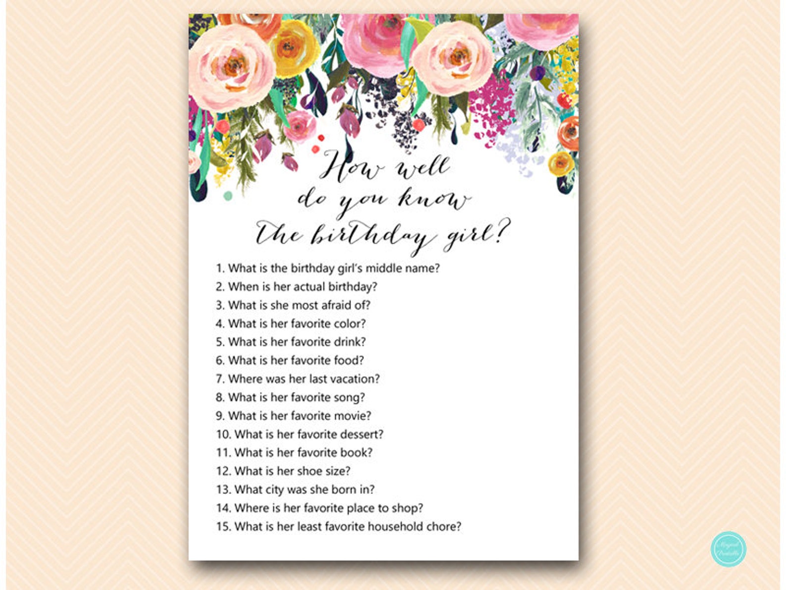 Floral Girl Birthday Party Games, Who Knows the Birthday Girl Best, How ...