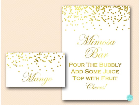 Gold Confetti Mimosa bar sign, Juice Labels, bubbly bar sign, Wedding ...