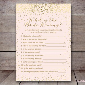 Pink and Gold What is the Bride Wearing Game Printable, Bride Wore ...