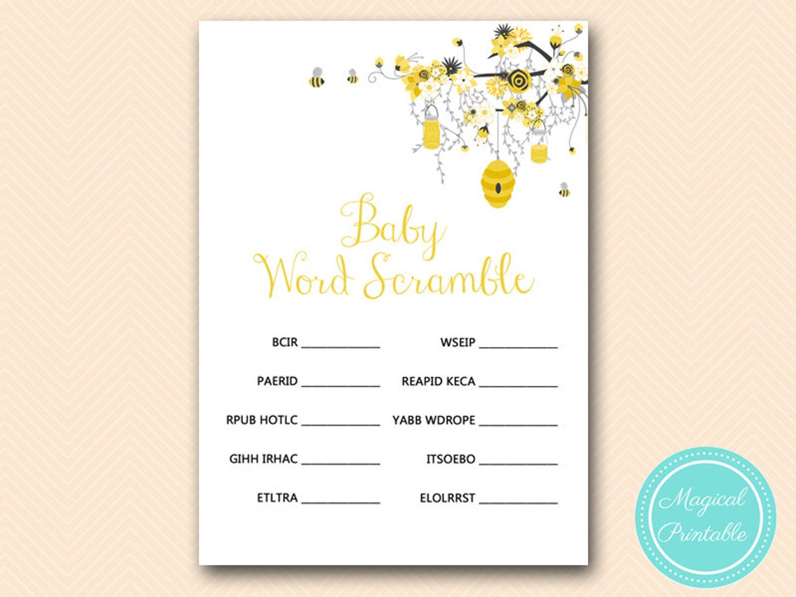 Scramble, Baby Word Scramble Game Printable, Bee Baby Shower Games ...