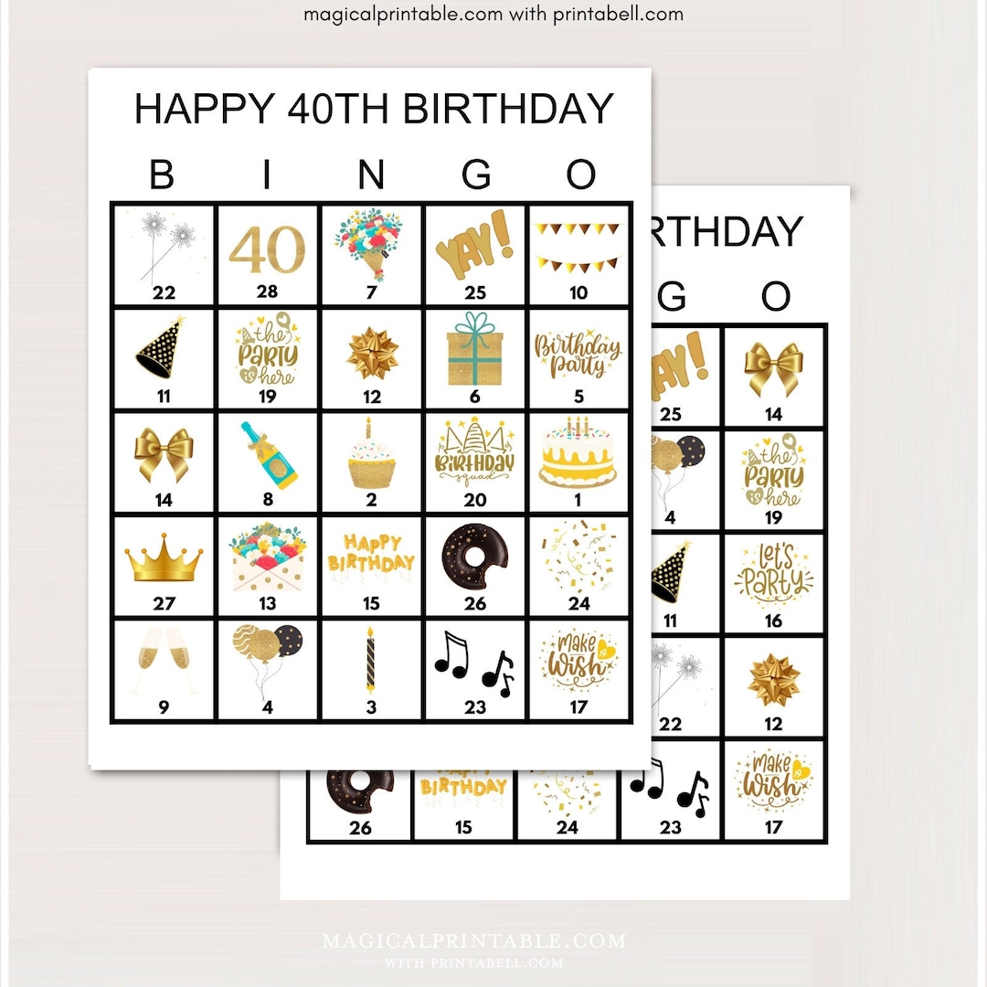 100x 40th Birthday Bingo Cards, Printable 40th Birthday Bingo, Gold ...