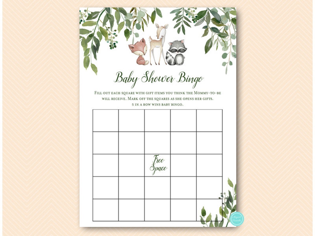Greenery Woodland Animals Bingo Baby Shower Game, Baby Shower Bingo ...