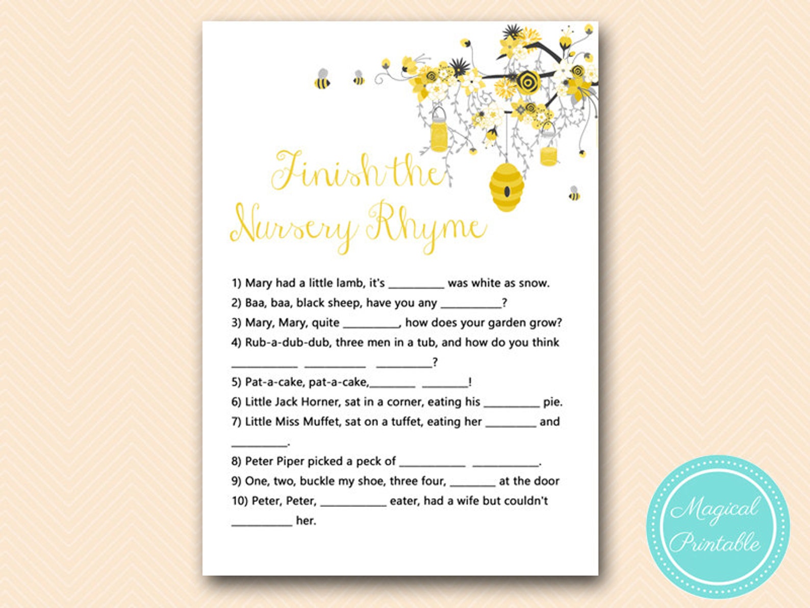 Finish the Nursery Rhyme Game, Nursery Rhyme Quiz, Bee Baby Shower Game ...