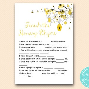 Finish the Nursery Rhyme Game, Nursery Rhyme Quiz, Bee Baby Shower Game ...