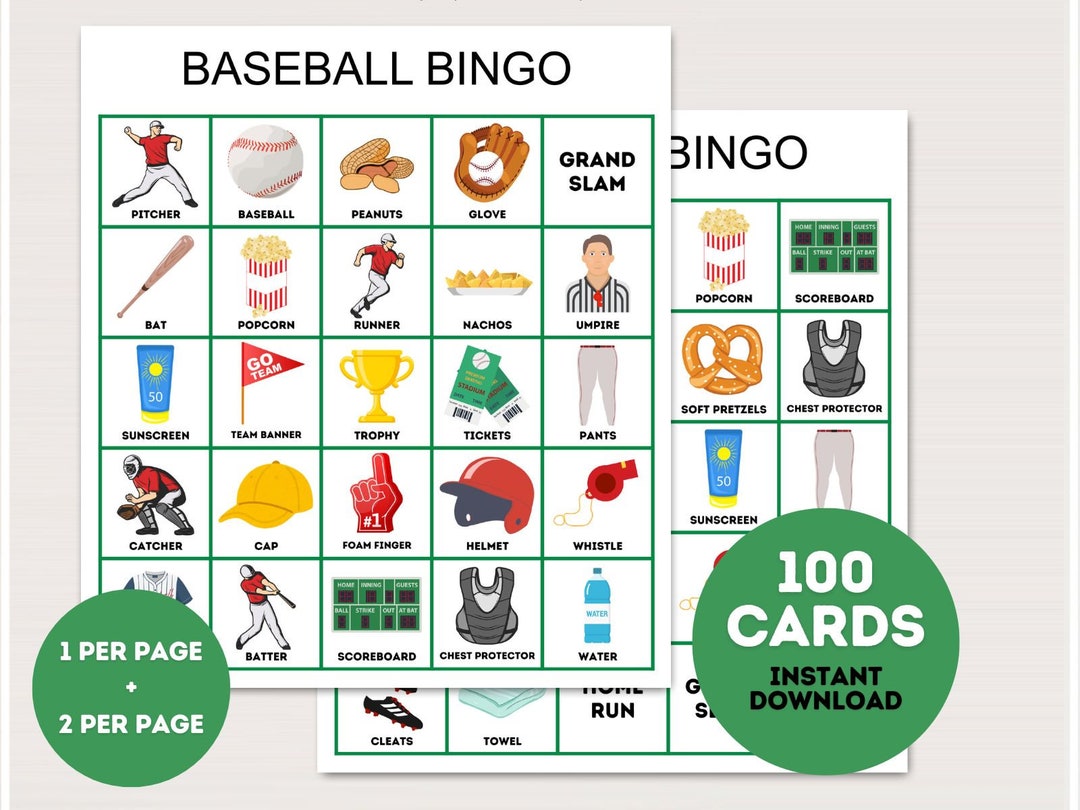 Baseball Bingo Cards, 100 Printable Baseball Bingo, Baseball Party ...