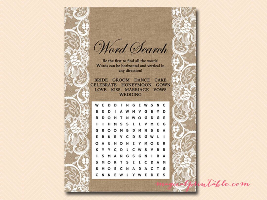Word Search, Bridal Word Search, Lace, Rustic Bridal Shower Activities ...