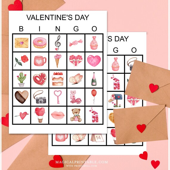 100x Valentine's Day Bingo Cards, Printable Valentine bingo, Valentine ...