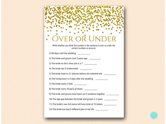 Gold Glam Over Or Under Bridal Shower Games Over Or Under The Number