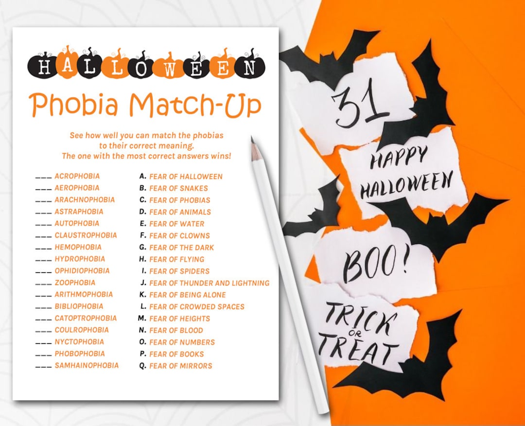 Halloween Phobia Match up Game. Halloween Party Game. Halloween ...