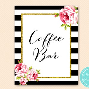 Coffee Bar Sign, Coffee Bar Table Sign, Black Stripes, Floral, Chic ...