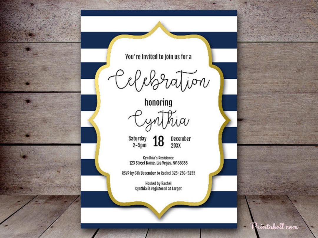 DIY 5x7" Editable Invitation, Navy Stripes Invitation, Baby Shower ...
