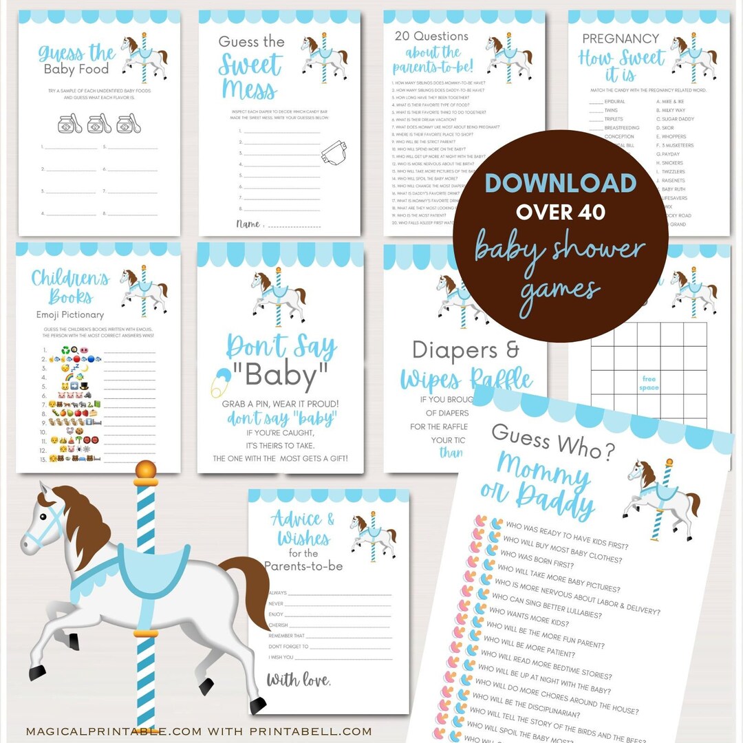 Blue Carousel Baby Shower Games Bundle, Carousel Themed Baby Shower ...