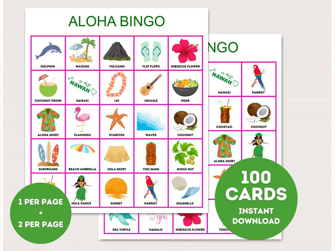 Aloha Bingo Cards, Luau Bingo, Hawaiian Bingo, Printable Luau Bingo ...