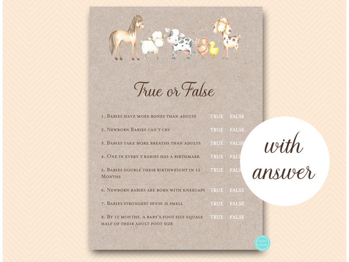 Farm Animals True or False Baby Shower Game Baby Trivia Baby - Etsy