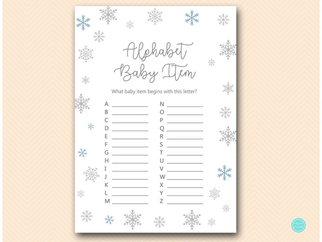 Winter Snow Baby Shower Game, ABC Baby Item Game, A to Z Baby Item Game ...