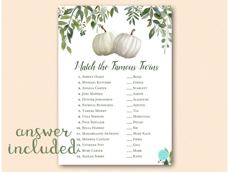 TWIN Pumpkins Baby Shower Game, Name That Twin Game, Match the Famous ...