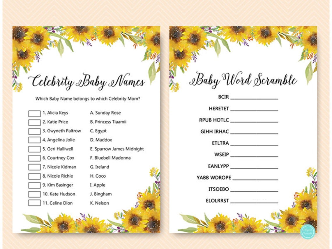 Sunflower Baby Shower Games Package Instant Download Baby - Etsy