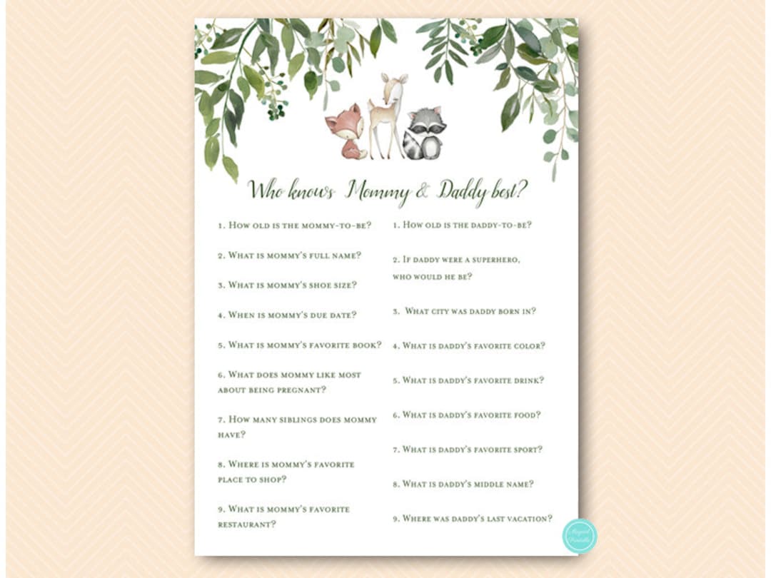 Woodland Baby Shower Games, Who Knows Mommy and Daddy Best, Who Knows ...