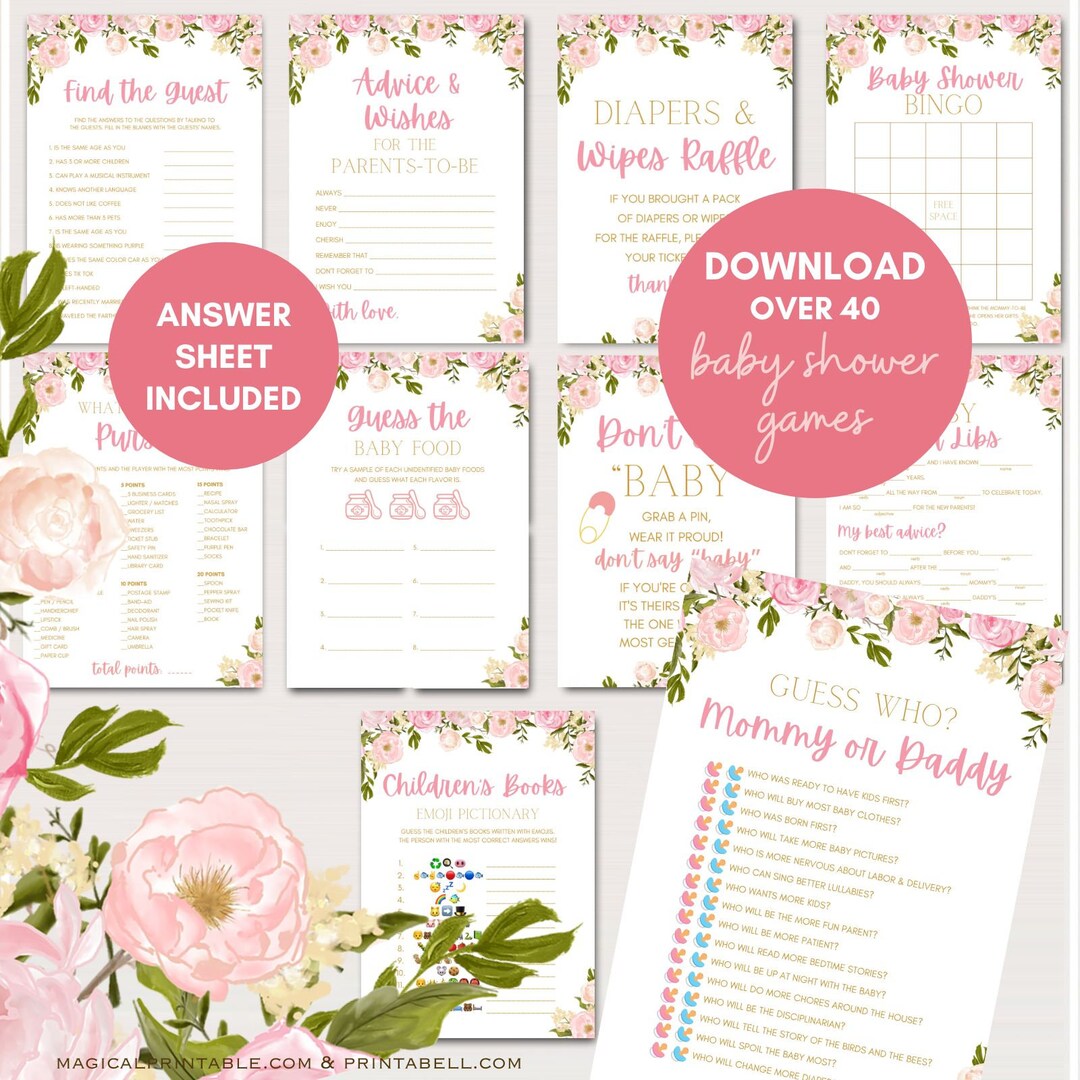 Pink Peony Baby Shower Games Bundle, Pink Flower Baby Shower, Pink ...