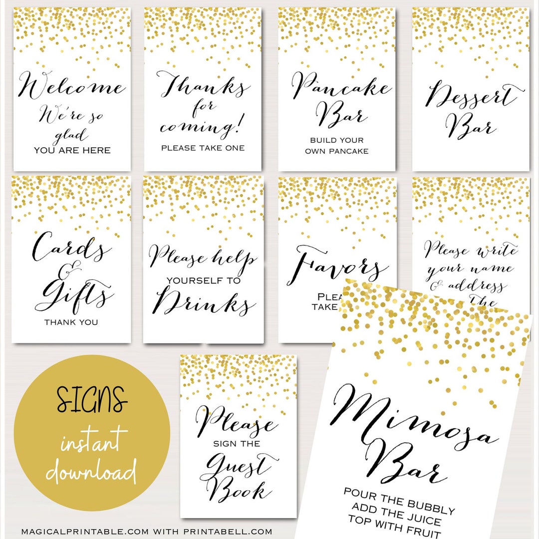 Gold Confetti Party Signs, Printable Gold Birthday Signs, Gold Wedding ...