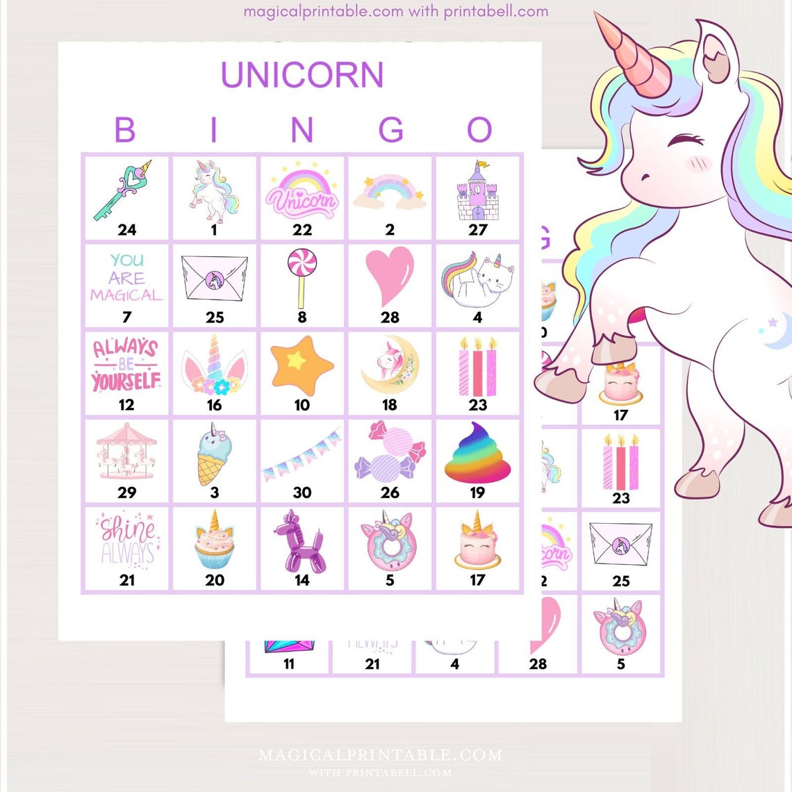 100 Purple Unicorn Bingo Cards Printable Birthday Bingo - Etsy